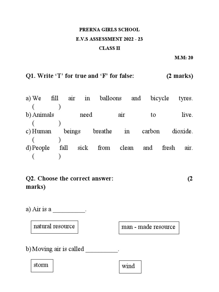 Class 2 Evs Assessment | PDF