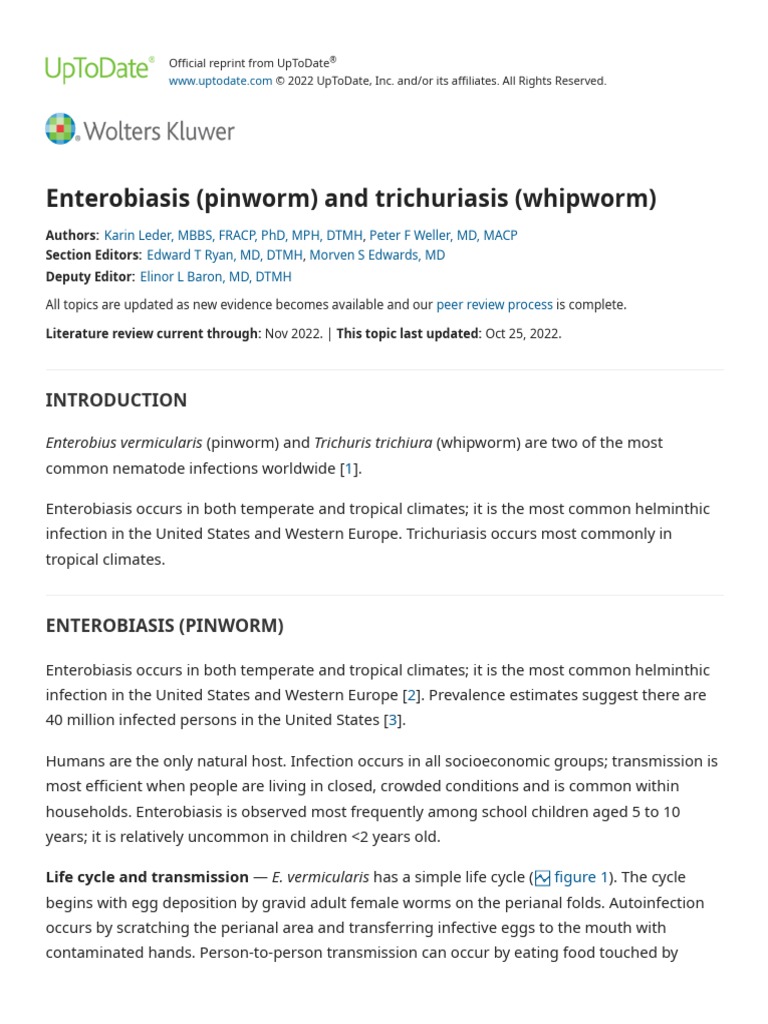 Enterobiasis (Pinworm) and Trichuriasis (Whipworm) - UpToDate | PDF ...