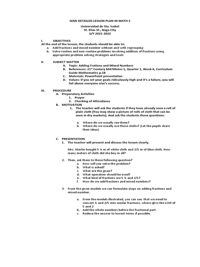 Adding Fractions and Mixed Numbers Lesson | PDF | Teachers | Pedagogy