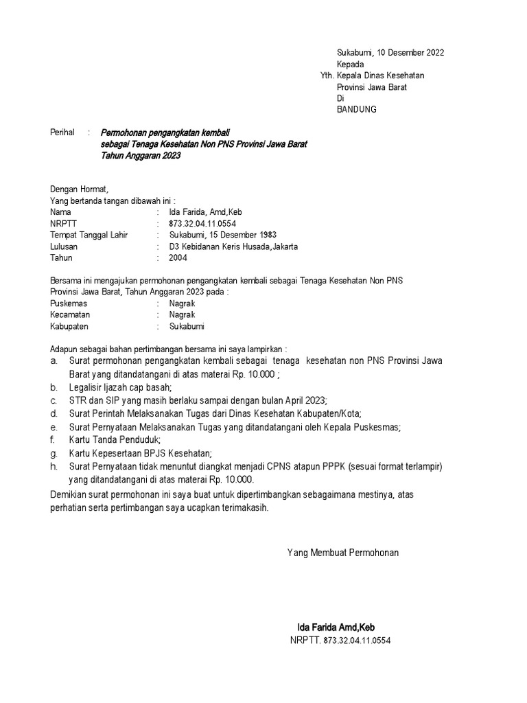 Surat Permohonan Pengangkatan Kembali Nakes Prov - Jabar 2022 | PDF