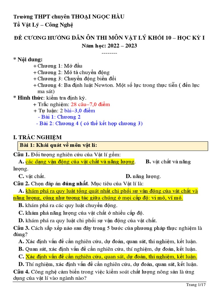 De Cuong HKI Vatli 10 2022-2023 | PDF