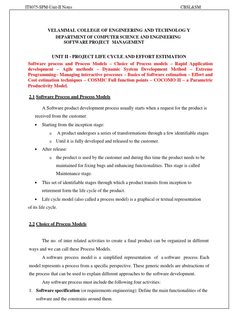 SPM 219 Unit II: Project Life Cycle Notes | PDF | Software Development ...