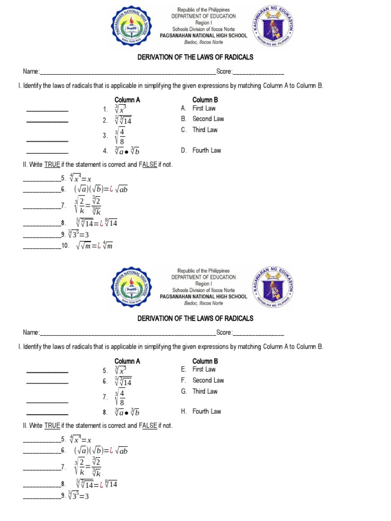 Laws of Radicals Worksheet for Grade 9 | PDF | Teaching Methods & Materials