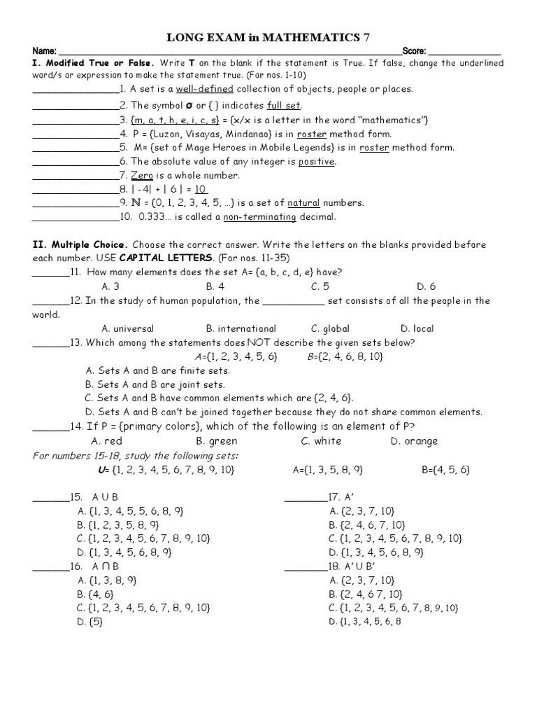 Math 7 Exam for Students | PDF | Integer | Mathematics