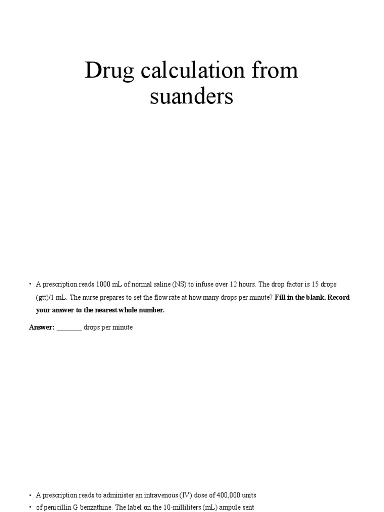 Drug Calculation | PDF | Saline (Medicine) | Intravenous Therapy