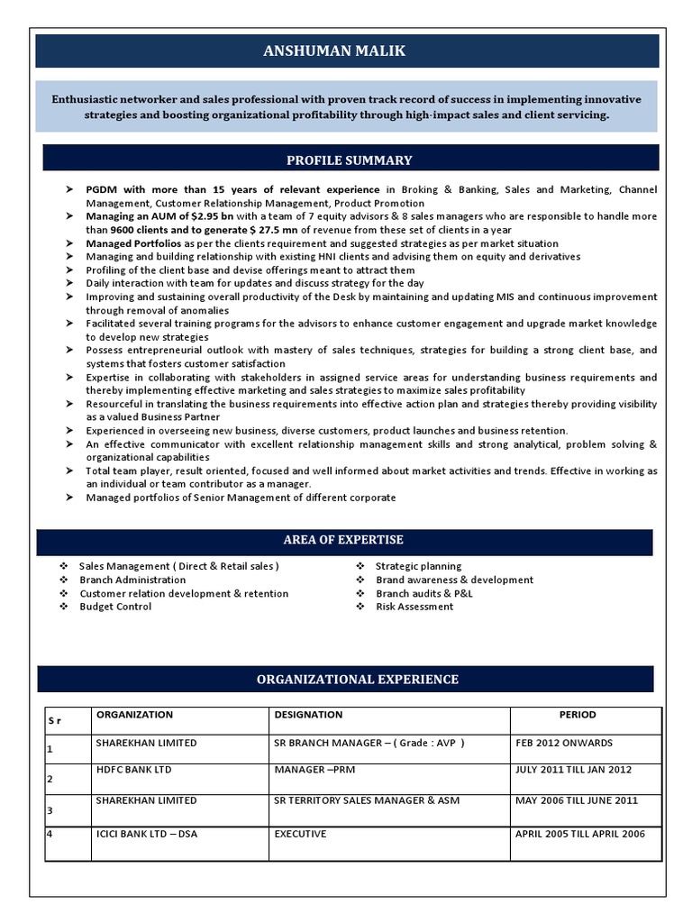 Anshuman Malik: Profile Summary | PDF | Sales | Customer Relationship Management