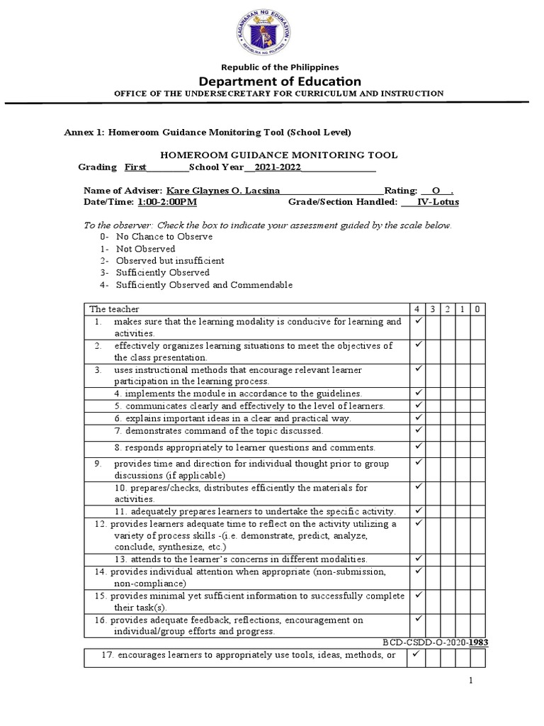 Homeroom Guidance Monitoring Tool | PDF | Learning | Curriculum