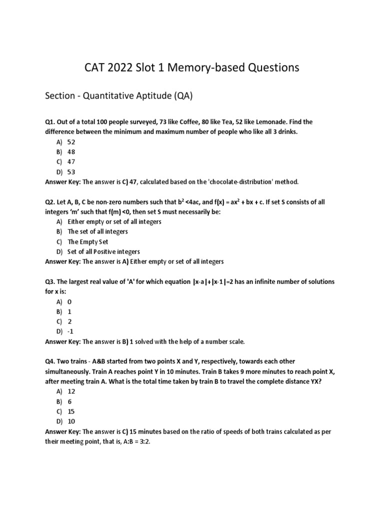 Cat 2022 Slot 1 Memory Based Questions | PDF | Teaching Methods & Materials