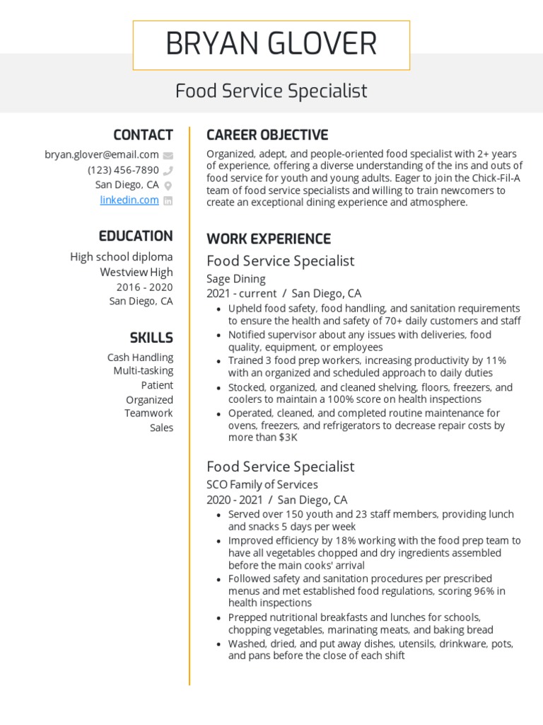 Food Service Resume for Chick-Fil-A | PDF | Foods | Refrigerator