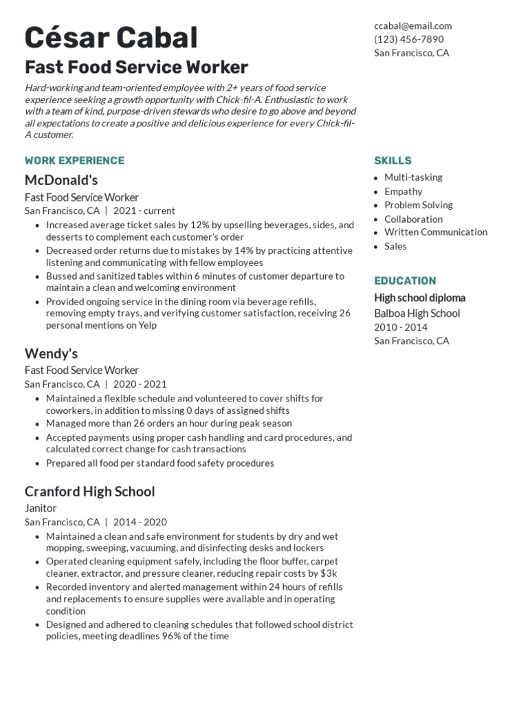 Fast Food Worker Resume Example | PDF | Foods | Fast Food