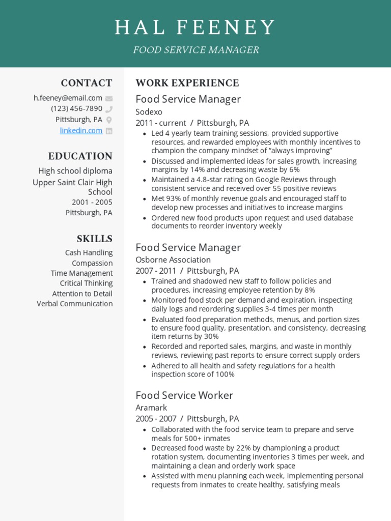 Food Service Manager Resume Example | PDF | Inventory | Menu