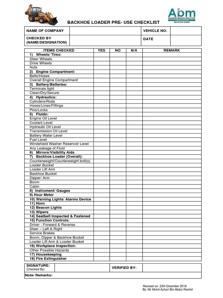 Backhoe Loader Pre-Use Checklist | PDF