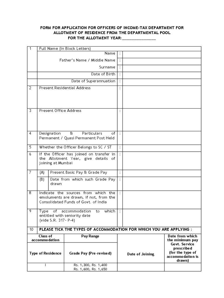 Application Form Allotment of Accommodation Departmental Pool | PDF ...