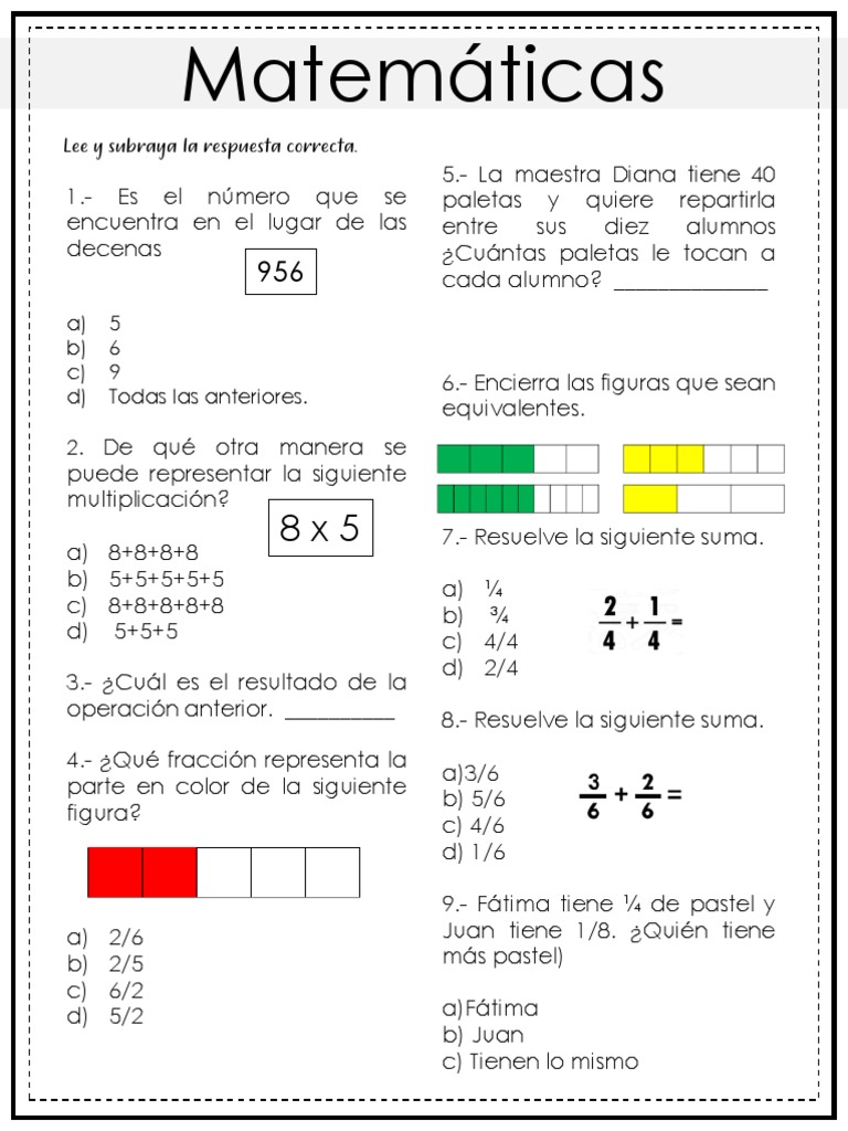 Examen 3ro Primaria Matemáticas | PDF | Matemáticas | Matemática Elemental
