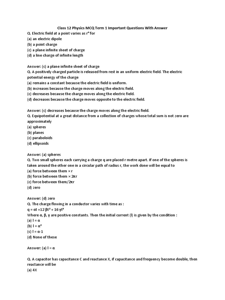 Class 12 Physics MCQ Term 1 Important Questions With Answer | PDF ...