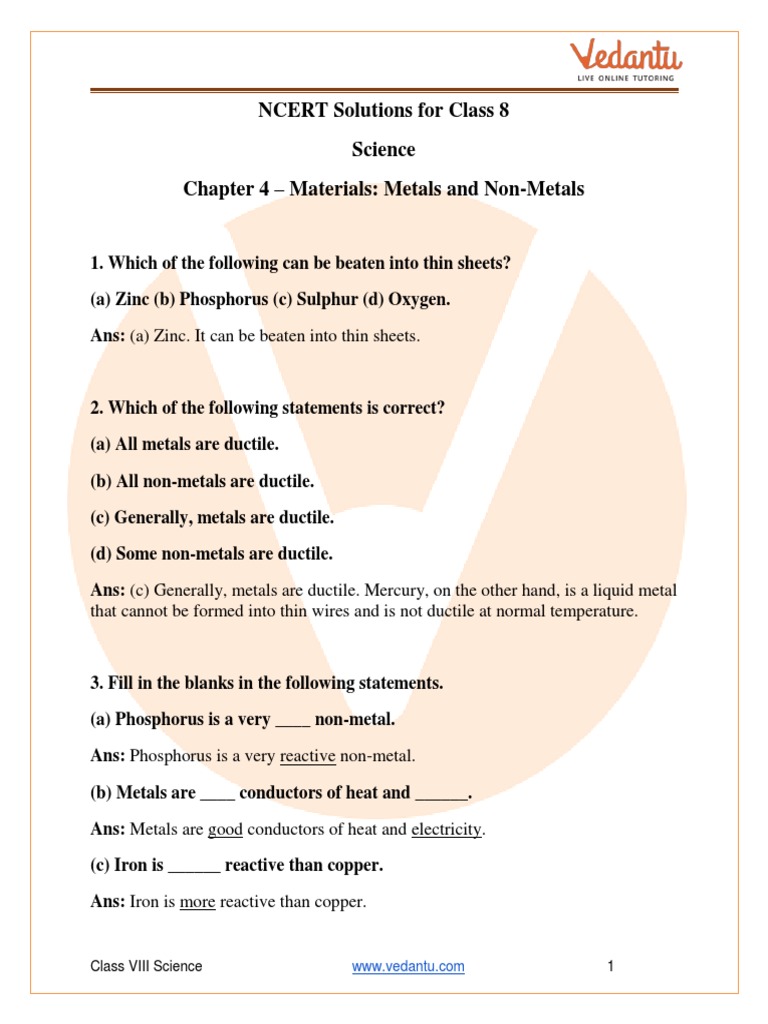 Class 8 - Science - Materials - Metals and Non-Metals | PDF | Metals ...