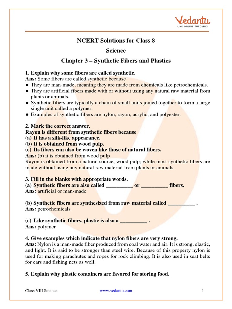 Class 8 - Science - Synthetic Fibres and Plastics | PDF | Fibers | Synthetic Fiber