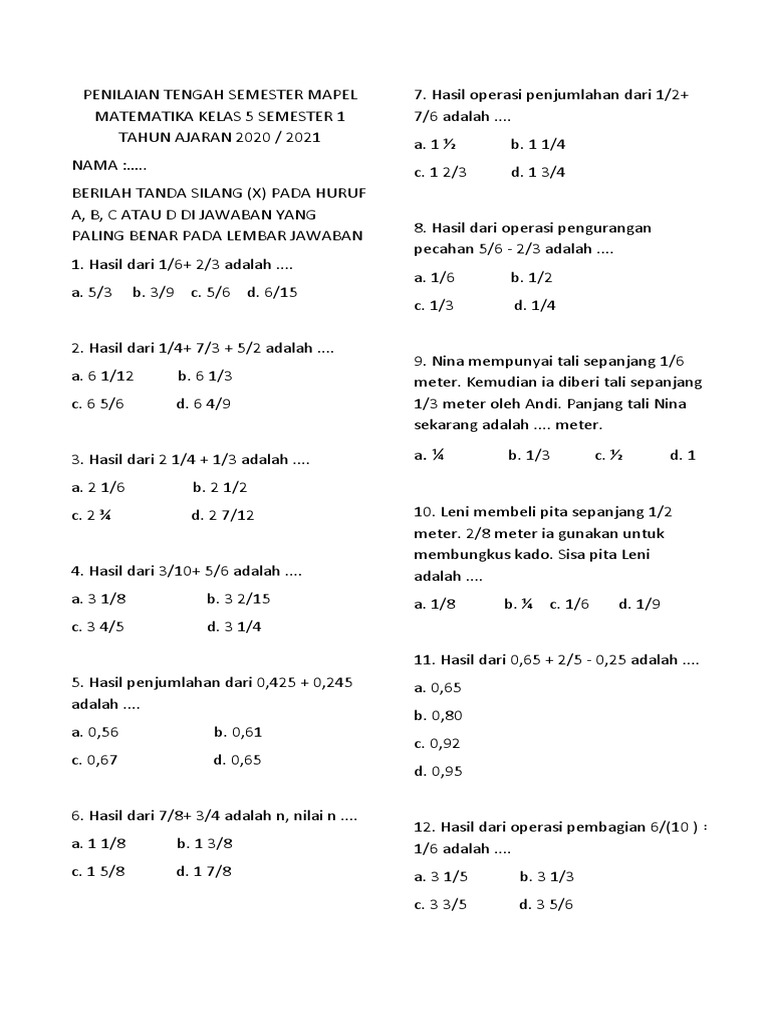 Soal PTS Matematika Kelas 5 Semester 1 Tahun Ajaran 2020 | PDF
