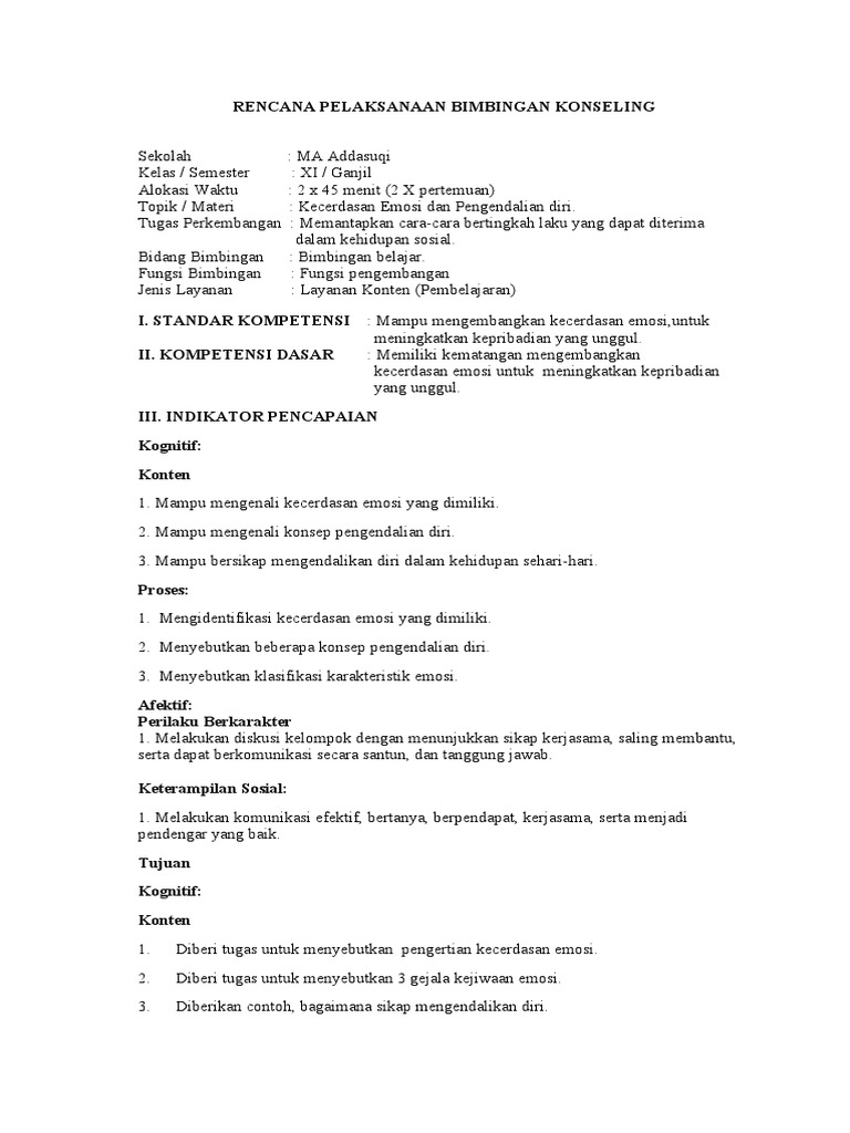 Contoh Format Rencana Pelaksanaan Bimbingan Konseling | PDF