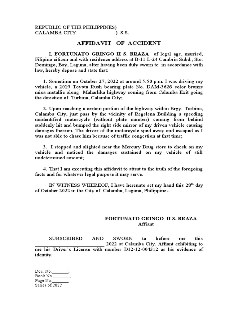 Affidavit Accident Hit and Bumped | PDF