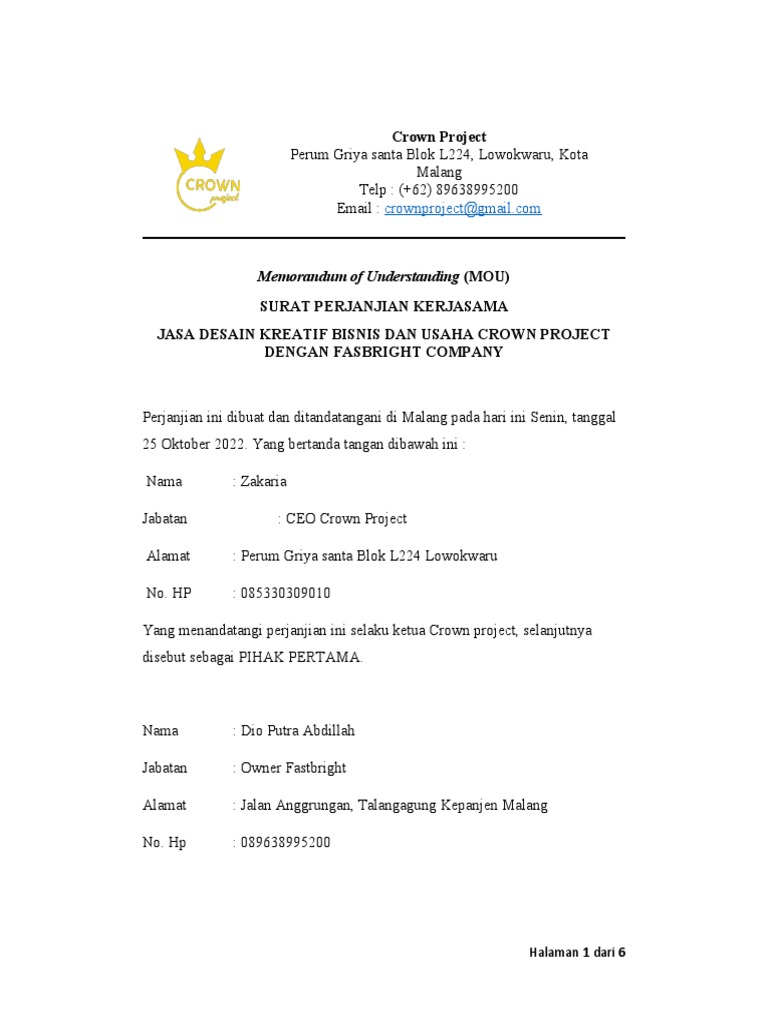 Crown Project: Memorandum of Understanding (MOU) | PDF