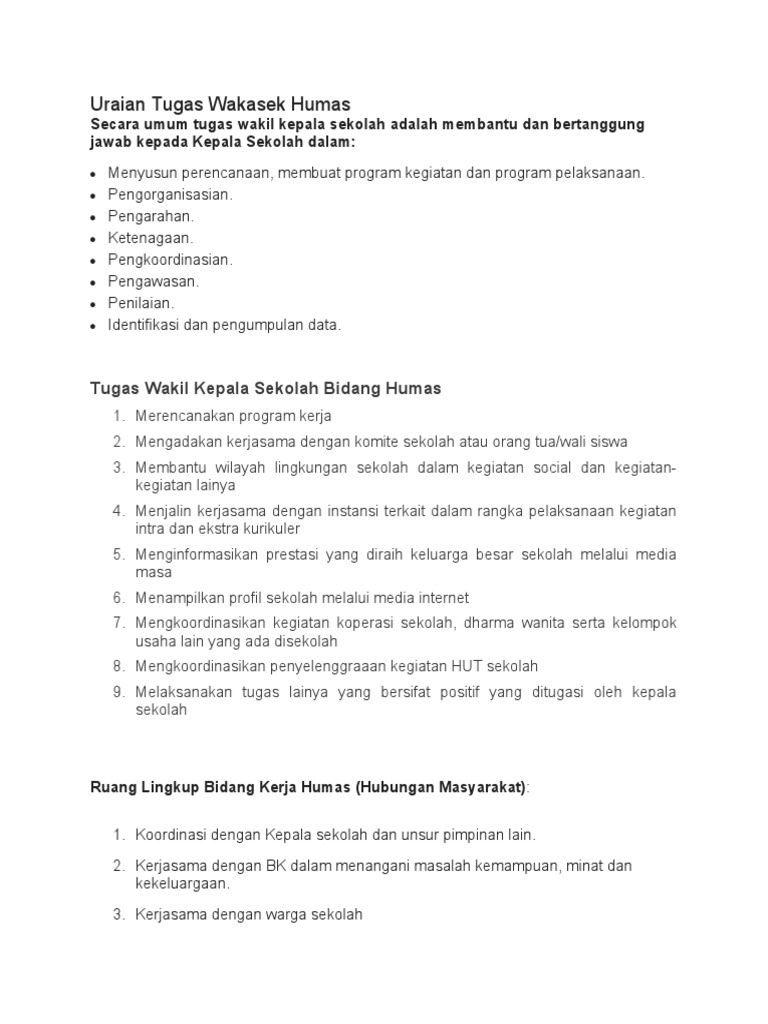 Uraian Tugas Wakasek Humas | PDF | Karier & Perkembangan