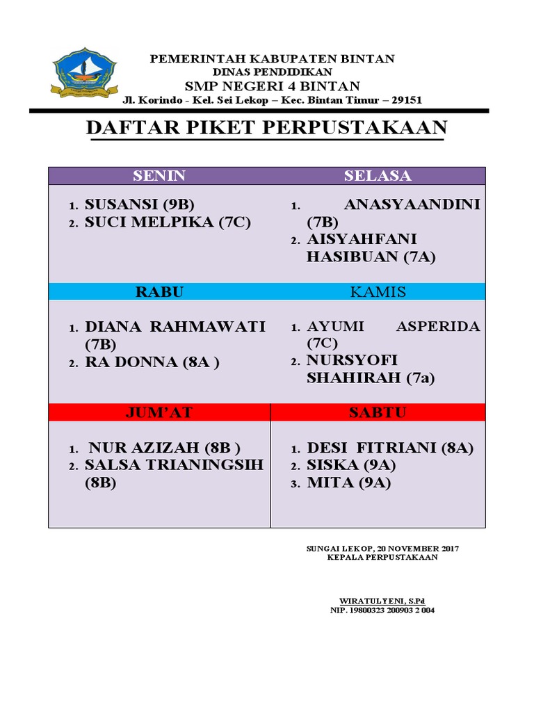Daftar Piket Perpustakaan | PDF