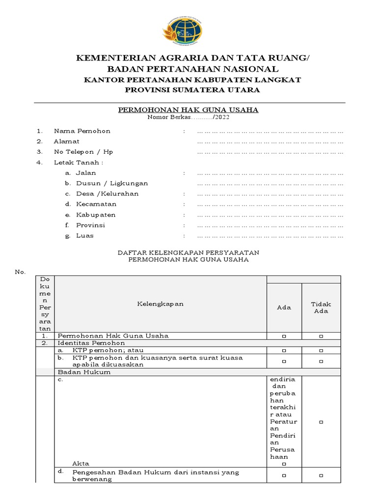 Kelengkapan Berkas Permohonan Hak Guna Usaha | PDF