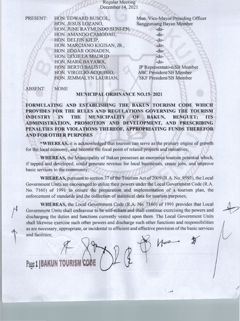 Bakun Municipal Tourism Code | PDF | Tourism | Hotel