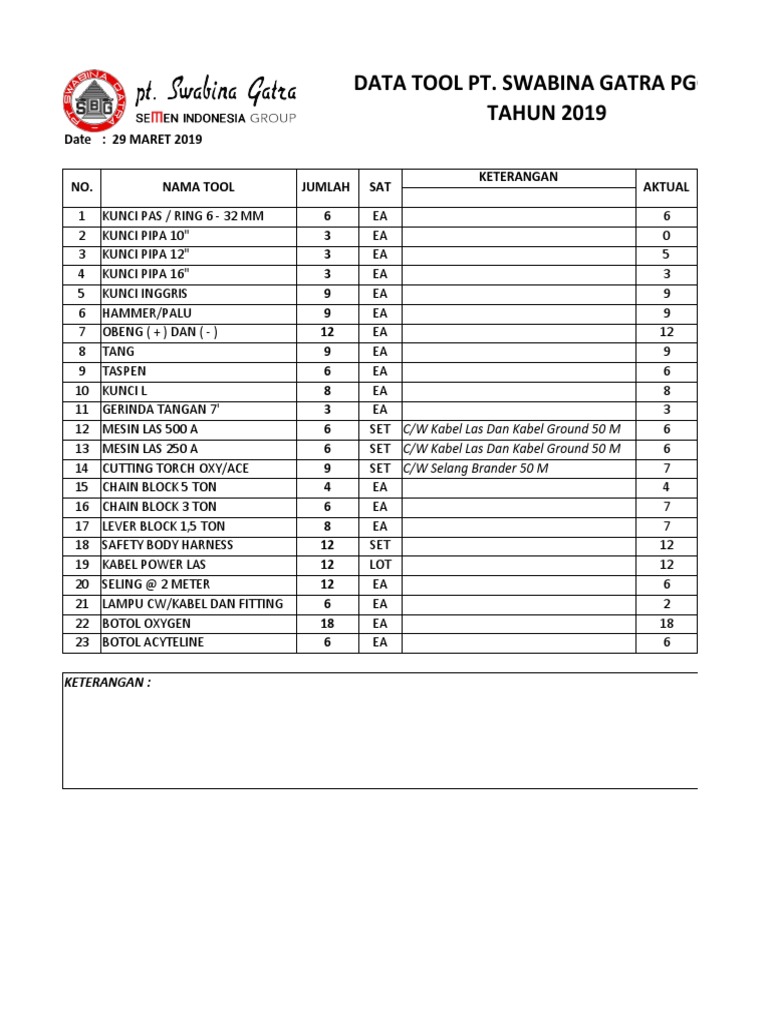 Data Tool Pt. SBG Untuk SBG | PDF