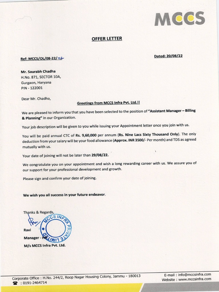 Offer Letter - Mr. Saurabh Chadha - Assistant Manager (Billing ...