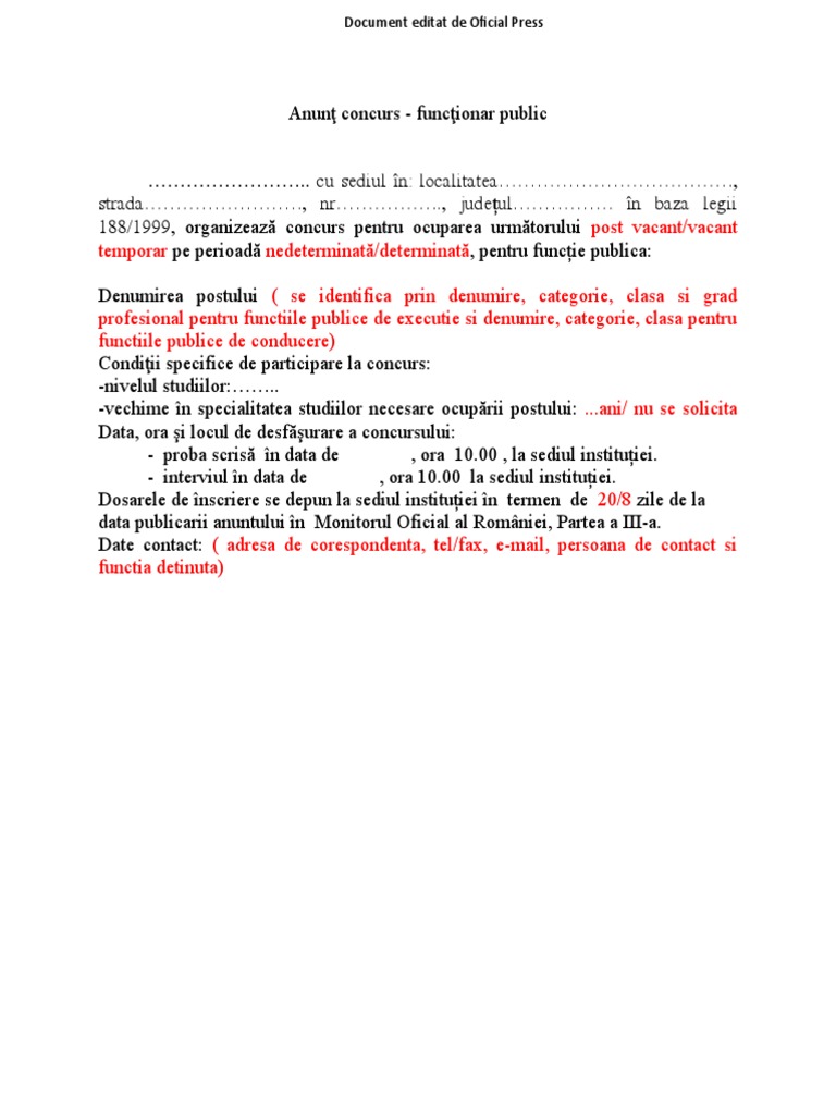Model Concurs Post Functionar Public | PDF