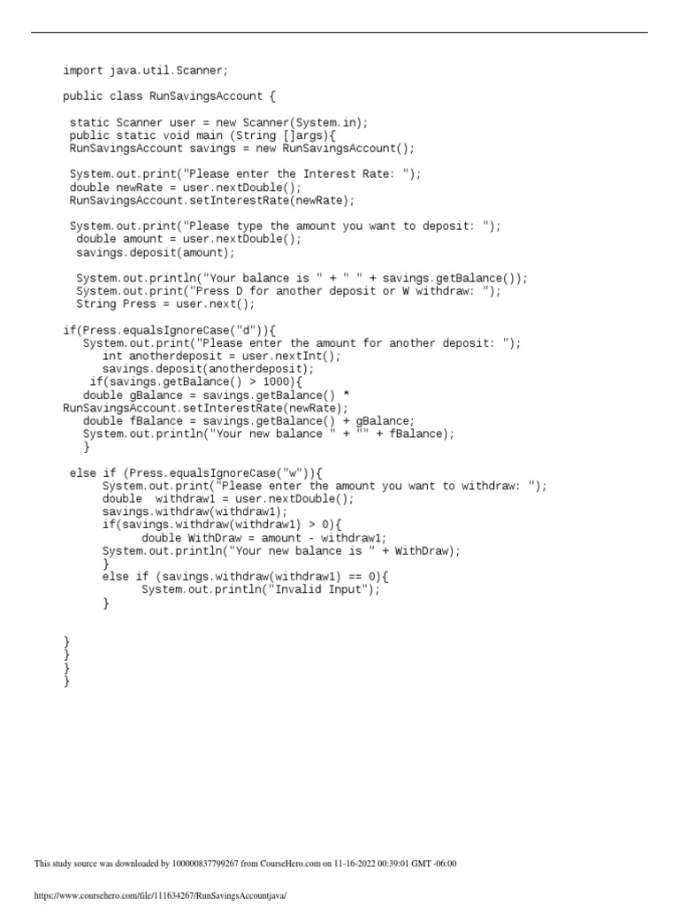 Java Savings Account Program Calculates Interest & Withdrawals | PDF ...