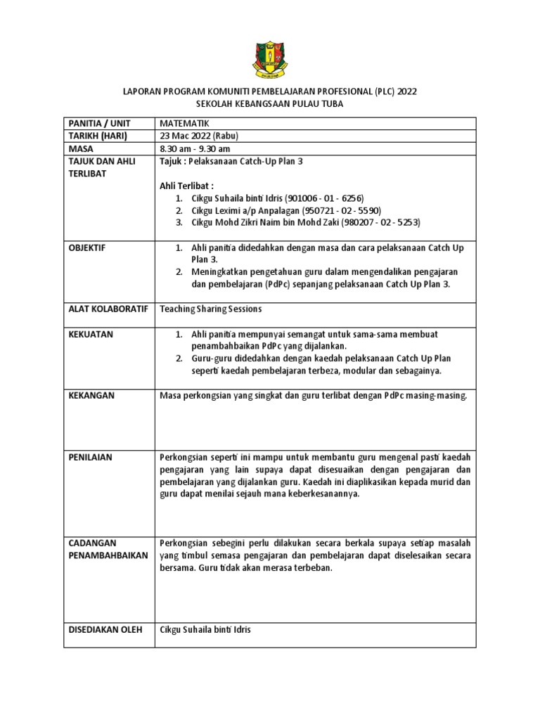 Laporan Program Komuniti Pembelajaran Profesional (PLC) 2022 | PDF
