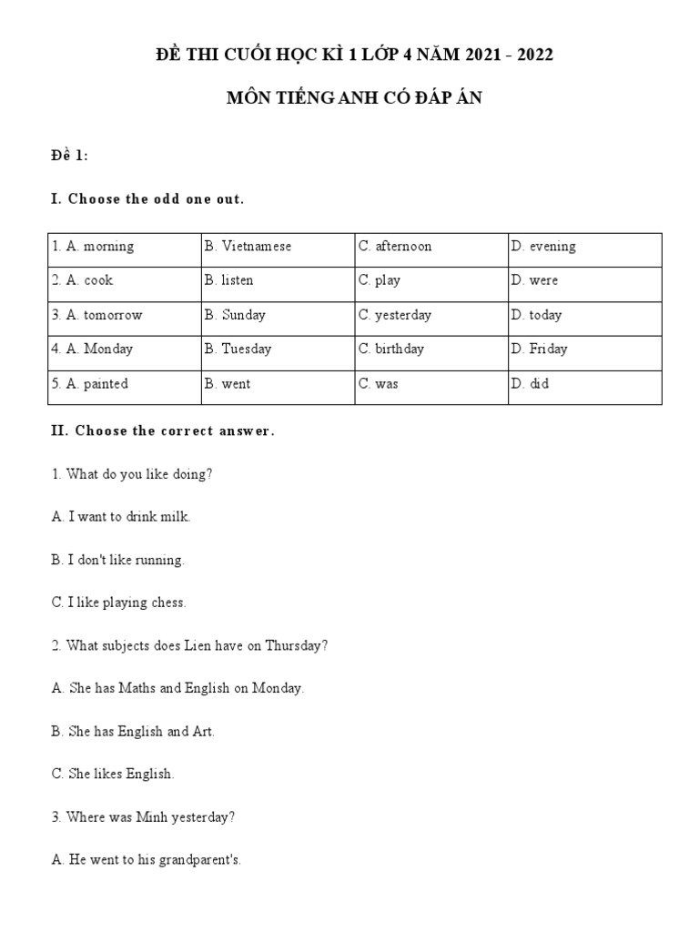De Thi Tieng Anh Lop 4 Hoc Ki 1 Nam 2021 2022 | PDF | Vietnam