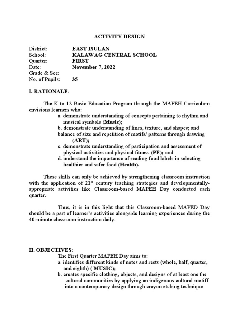 MAPEH-Activity-Design - AGUINALDO | PDF | Learning | Cognitive Psychology