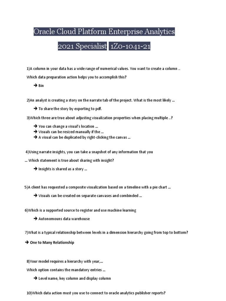 Oracle Cloud Platform Enterprise Analytics 2021 Specialist 1Z0-1041-21 | PDF | Cloud Computing ...