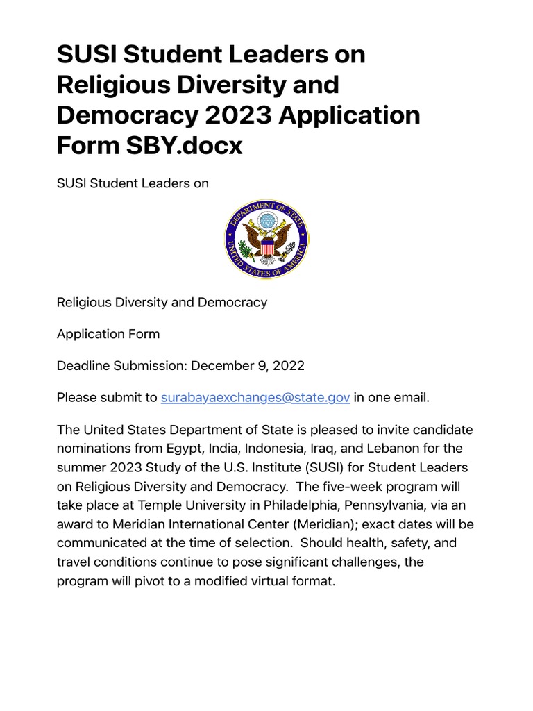 SUSI Student Leaders On Religious Diversity and Democracy 2023 Application Form SBY | PDF ...