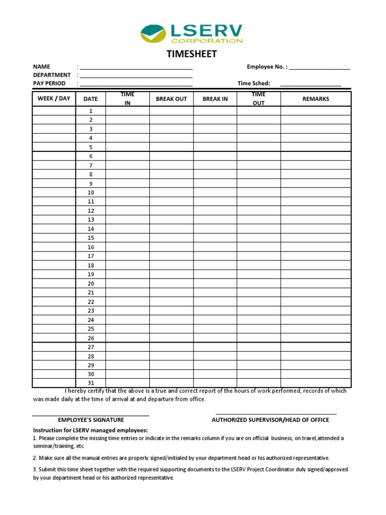 LSERV Employee Timesheet Template | PDF