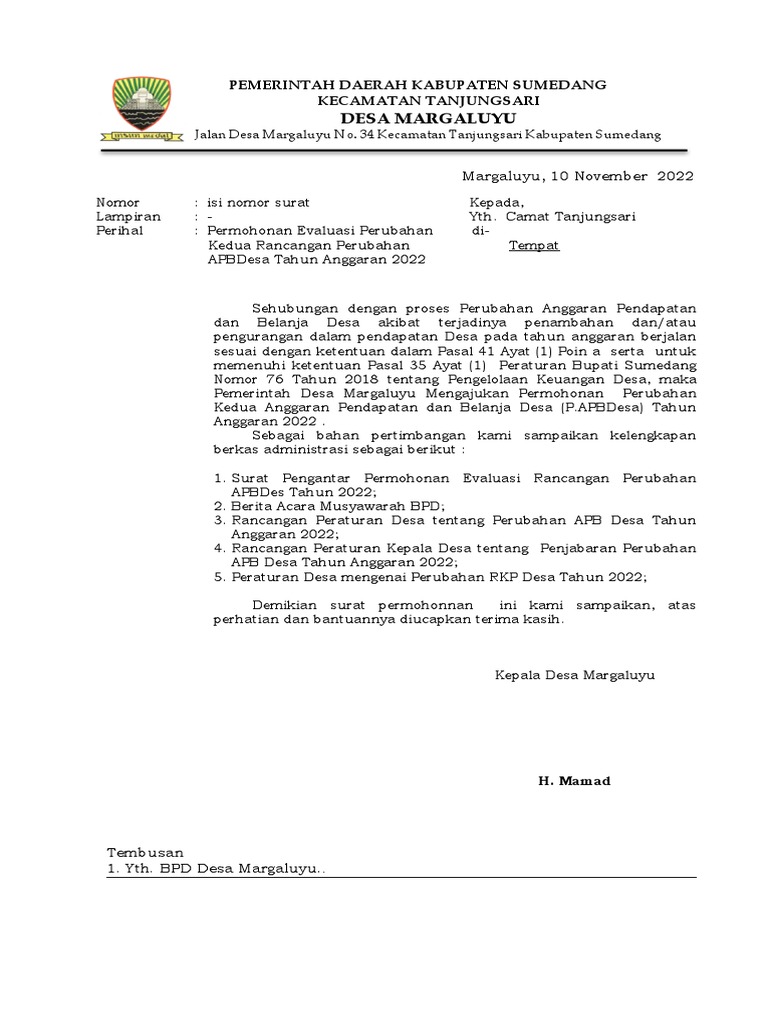 Permohonan Evaluasi Perubahan APBDes 2022 | PDF