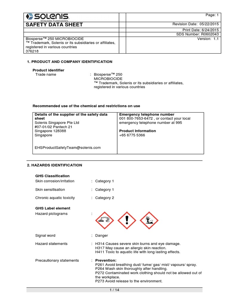 Biosperse 250 MSDS | PDF | Combustion | Toxicity