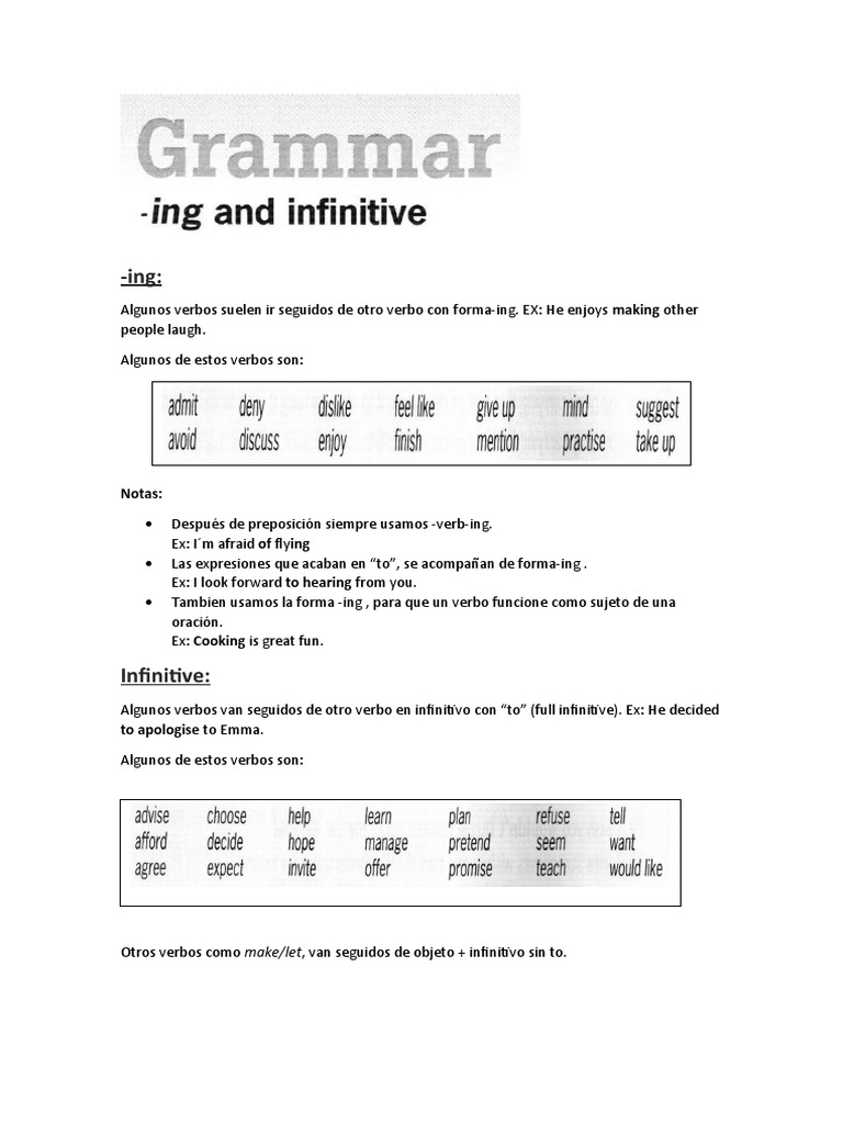 Uso de verbos con formas -ing e infinitivo en inglés | PDF