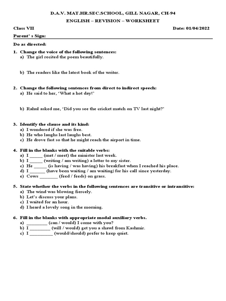 Class 7 - English Revision Worksheet | PDF