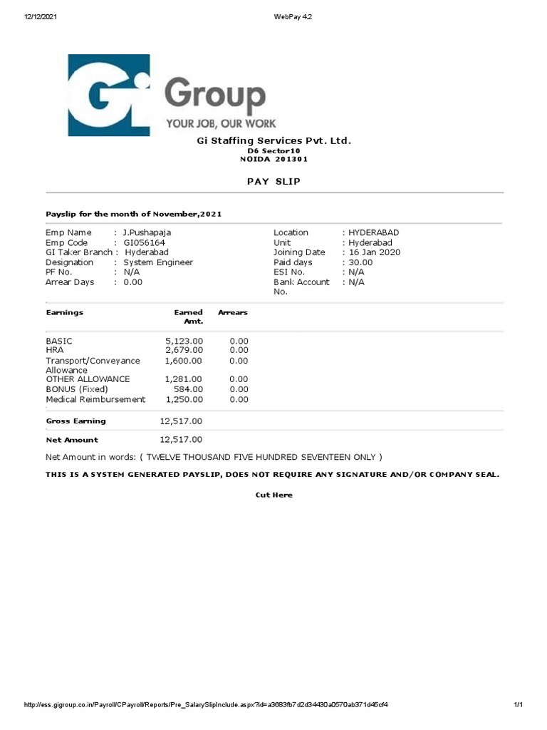 November 2021 Salary Slip - GI Staffing | PDF