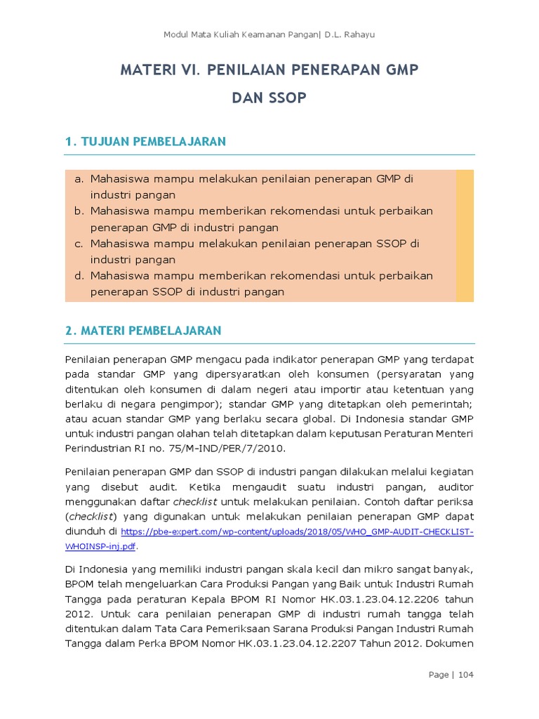 Modul Pertemuan 4 Keamanan Pangan (Penilaian Penerapan GMP SSOP) | PDF