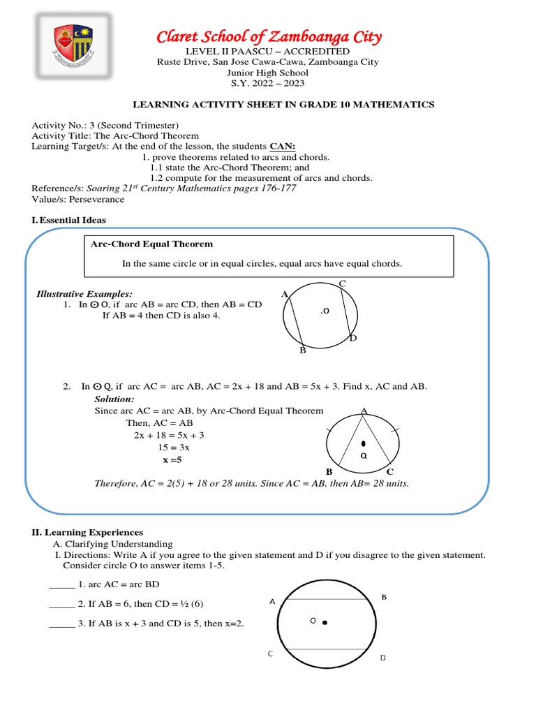 Activity 3 Arc and Chords | PDF | Theorem | Circle