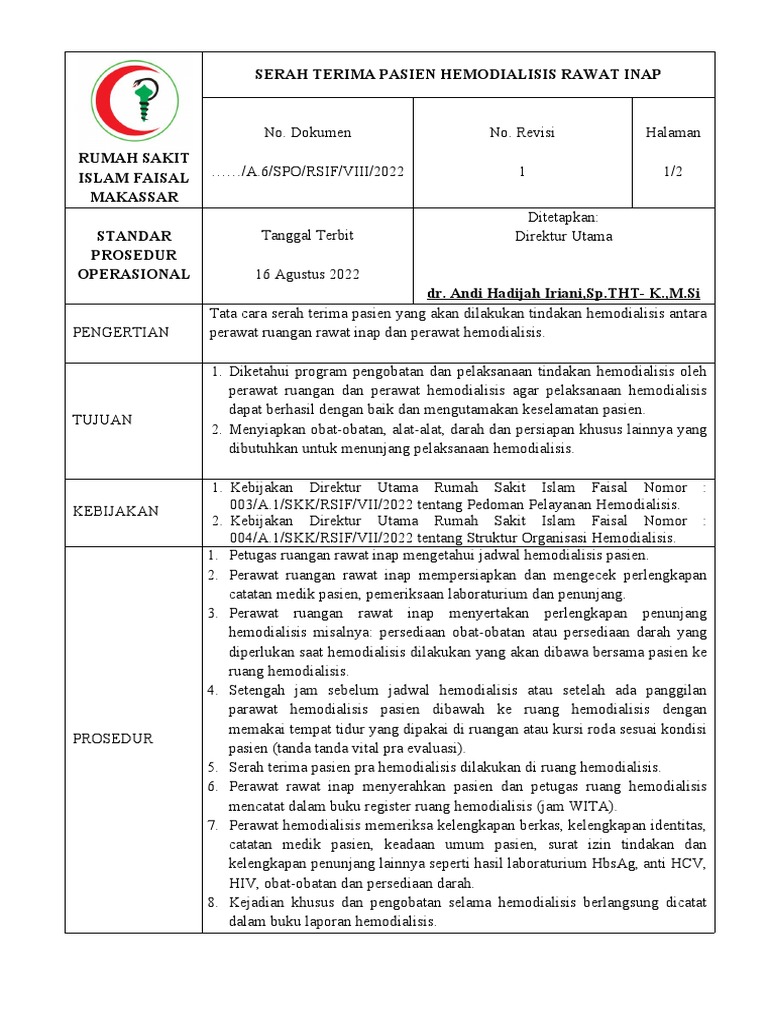 SPO Serah Terima Pasien HD Rawat Inap | PDF