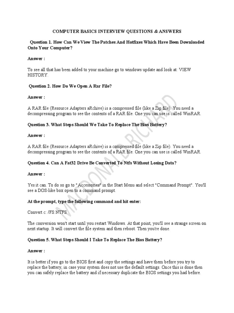 Computer Basics Interview Questions and Answers | Download Free PDF | Random Access Memory | Bios
