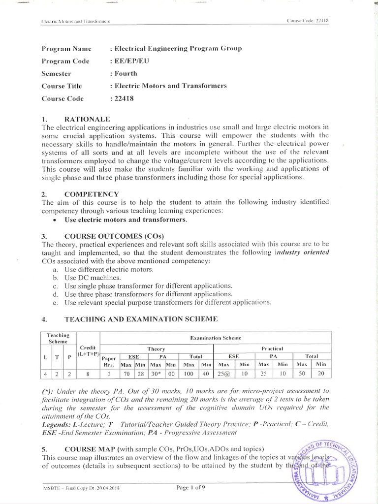 Electric Motors and Transformers Syllabus | PDF