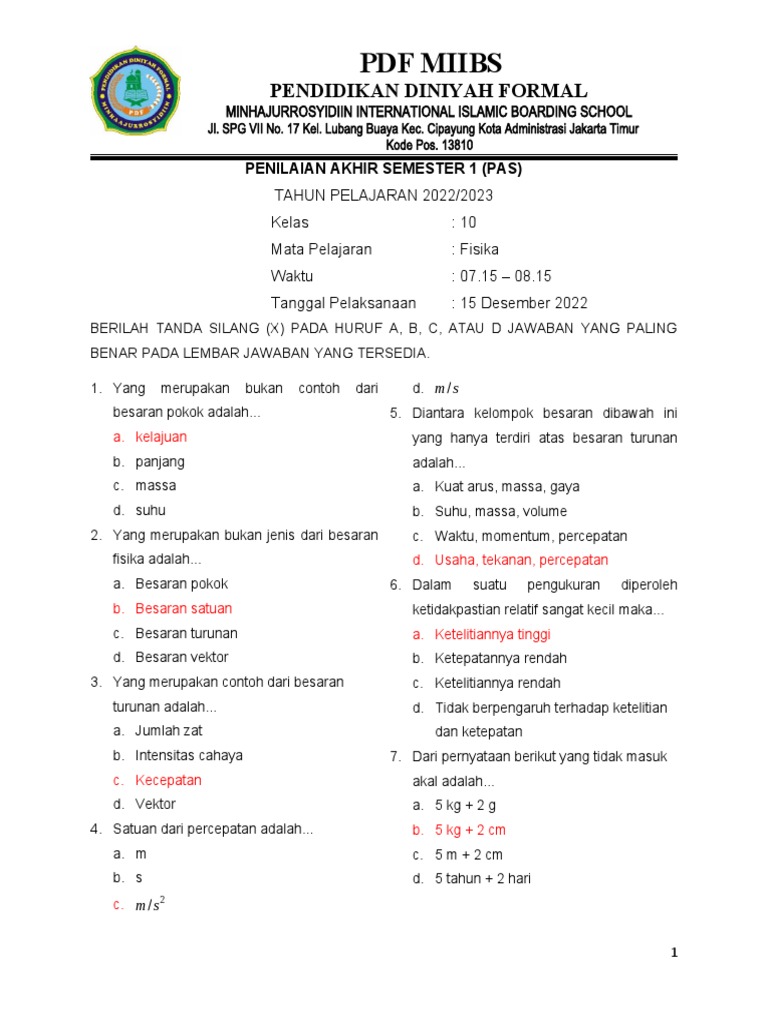 Soal PAS Semester 1 Fisika Kelas 10 Ulya | PDF